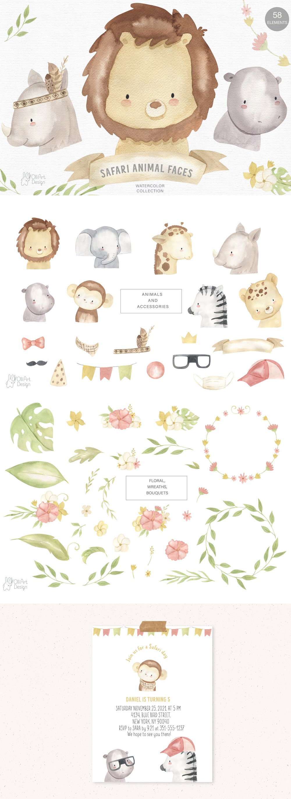 SAFARI ANIMAL FACES. Watercolor clipart