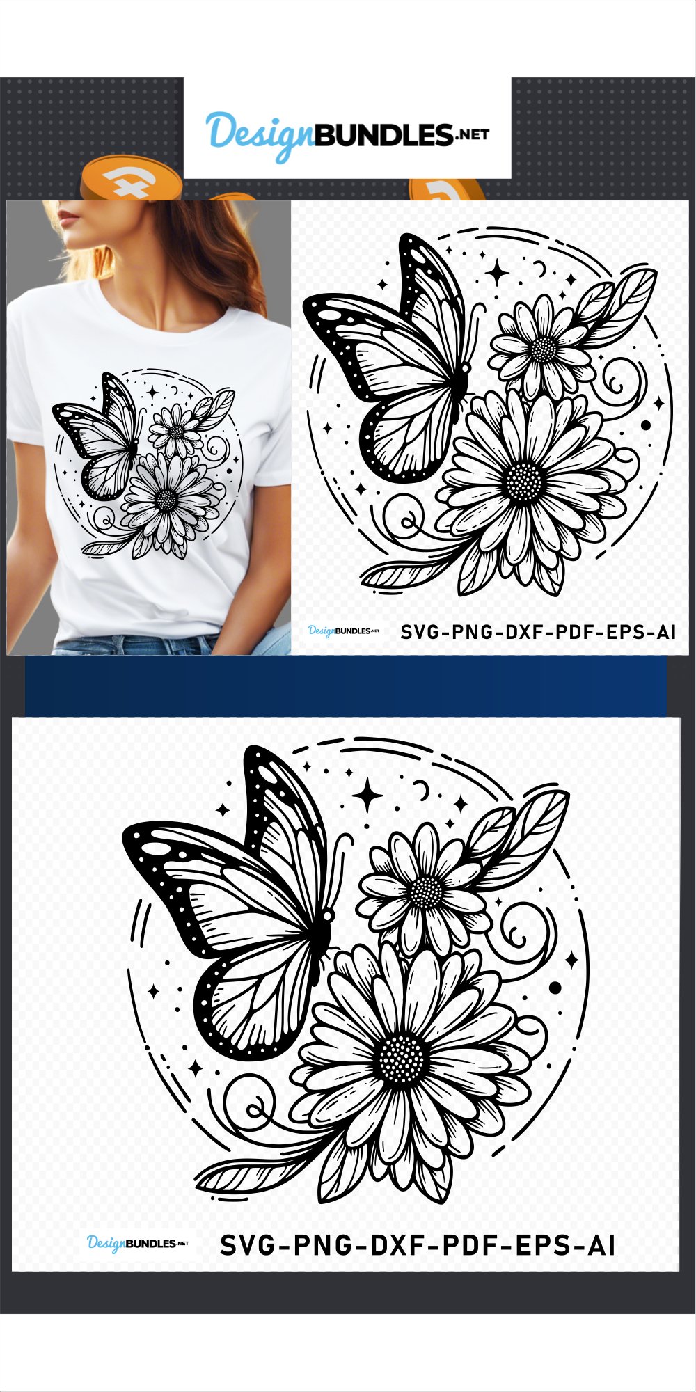 Round Floral Daisy With Butterfly SVG, Boho Flowers SVG