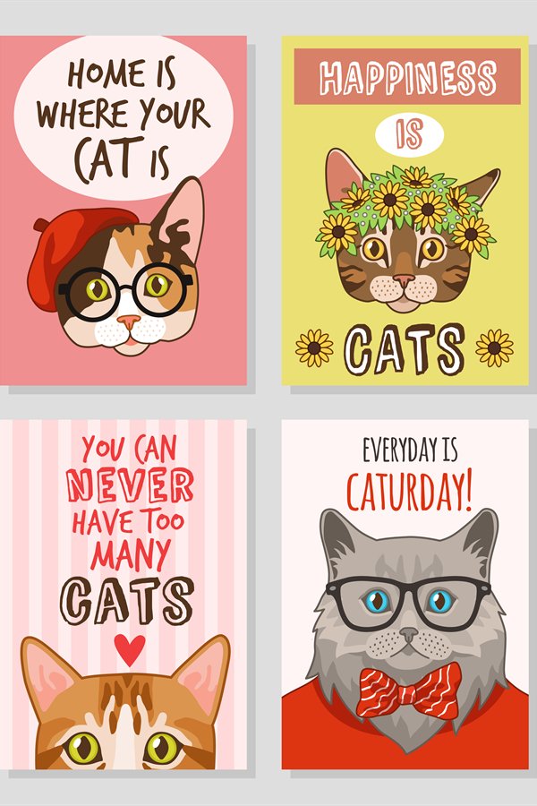 Cats cards. Cartoon cute kittens, lovly pats. Funny cat moti