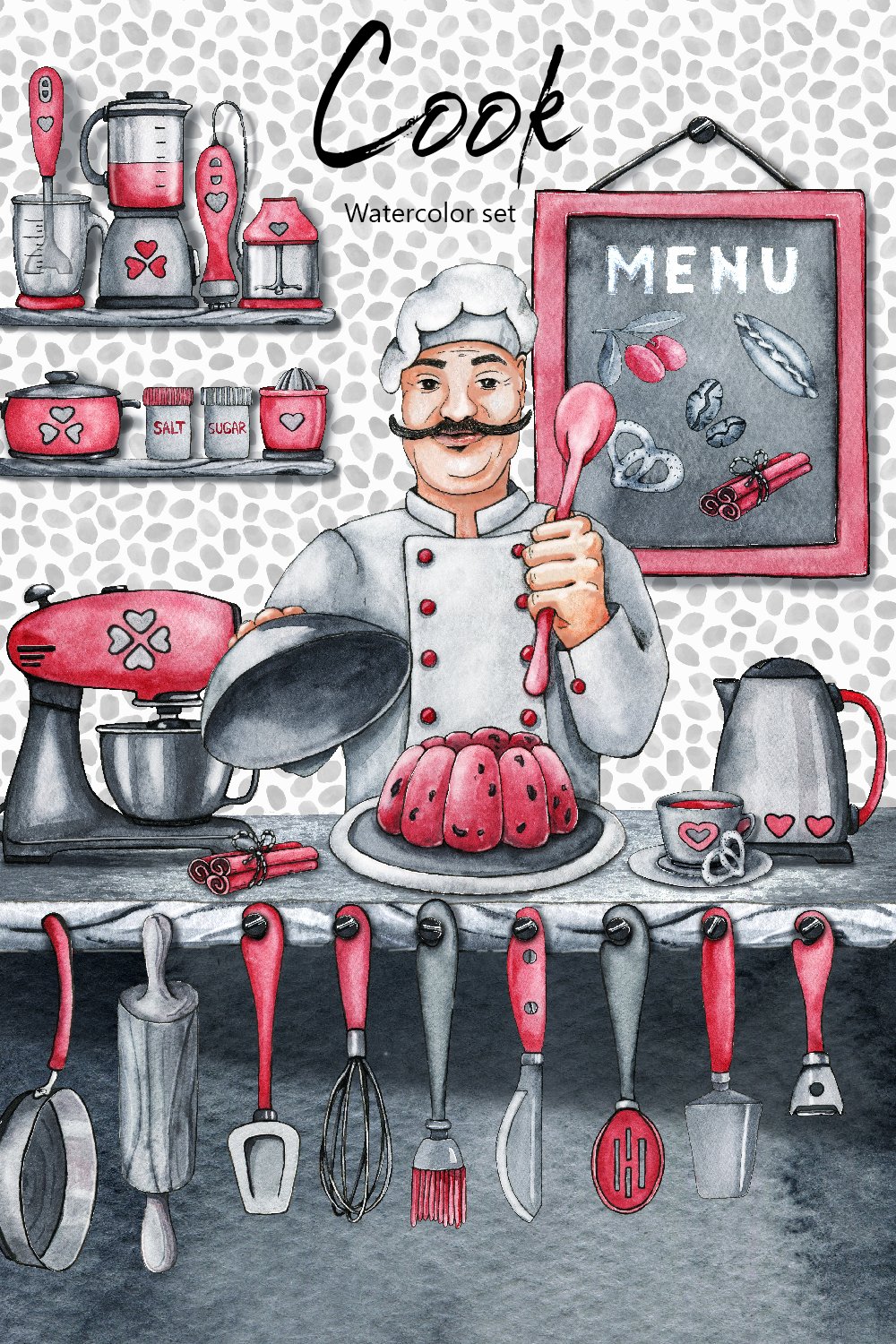 Mustachioed cook preparing food, kitchen utensils