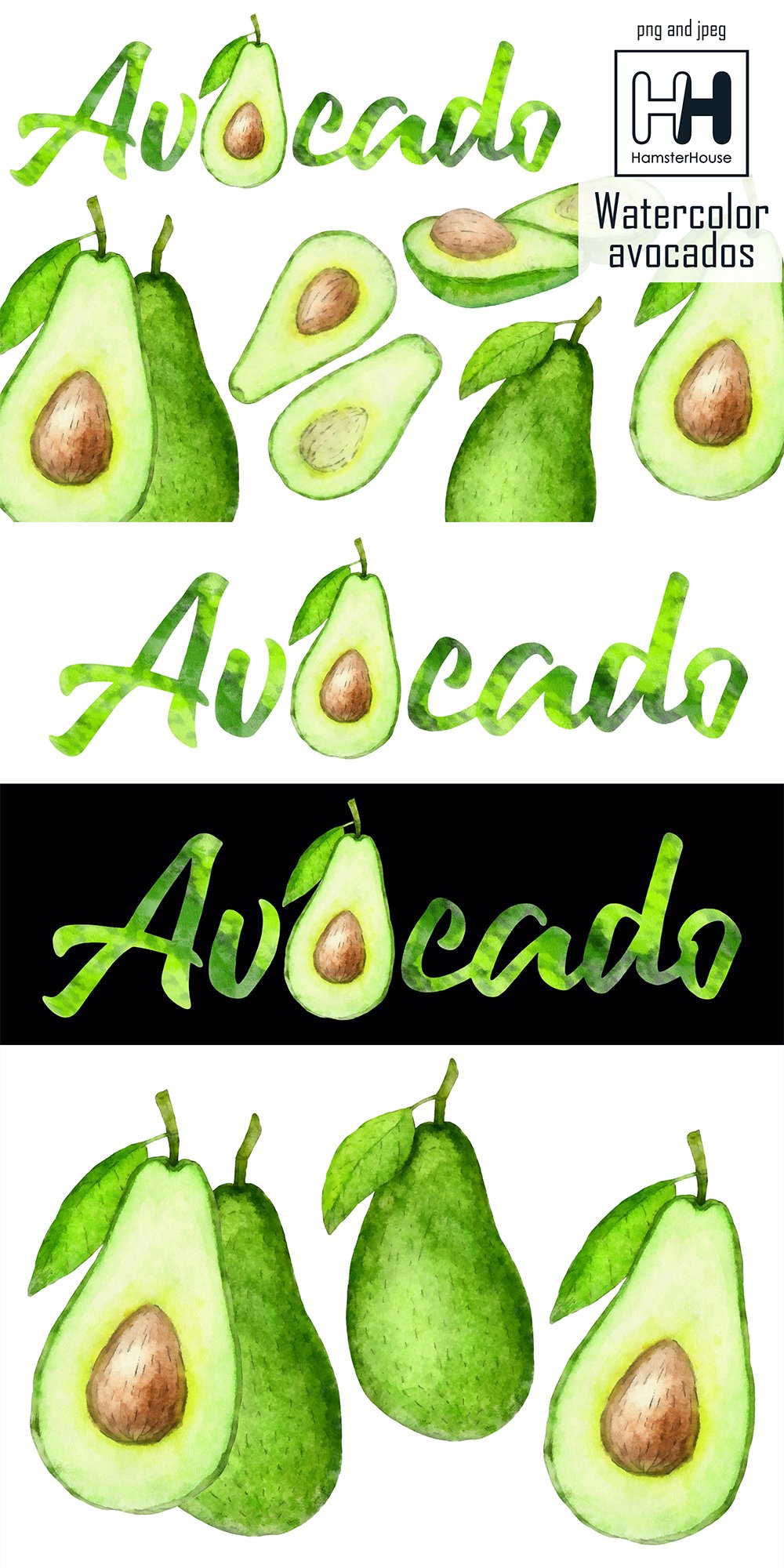 Watercolor avocados clipart, png and jpeg