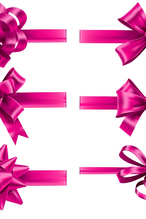 Realistic pink ribbons with bows. Festive wrapping bow, pink