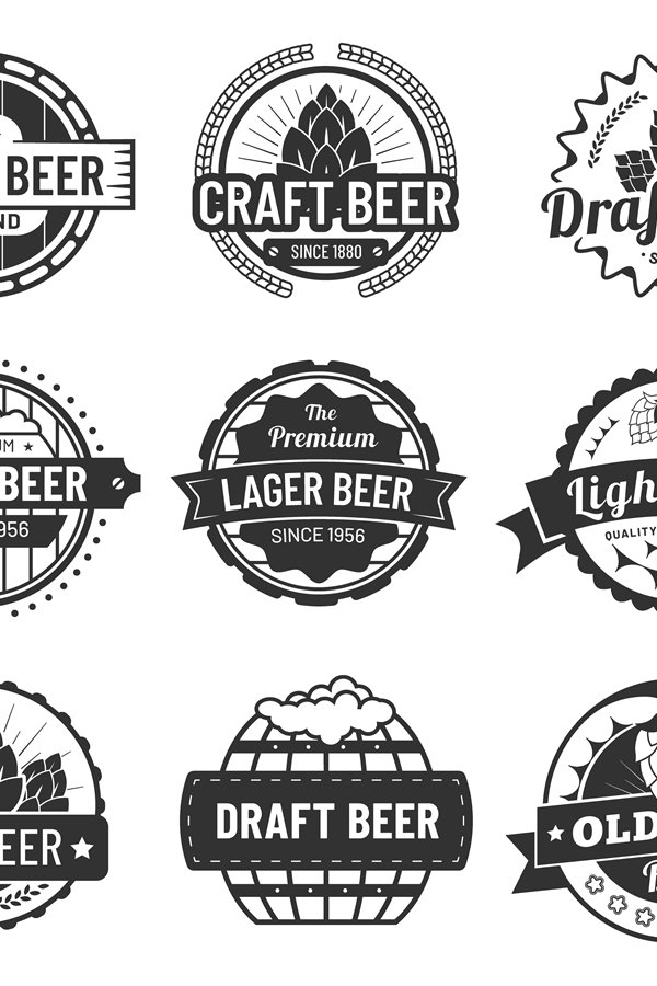 Brewery beer badges. Craft beers emblems, hop lager and pub