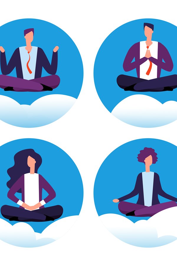 Meditation yoga businesspeople vector icons. Office workers