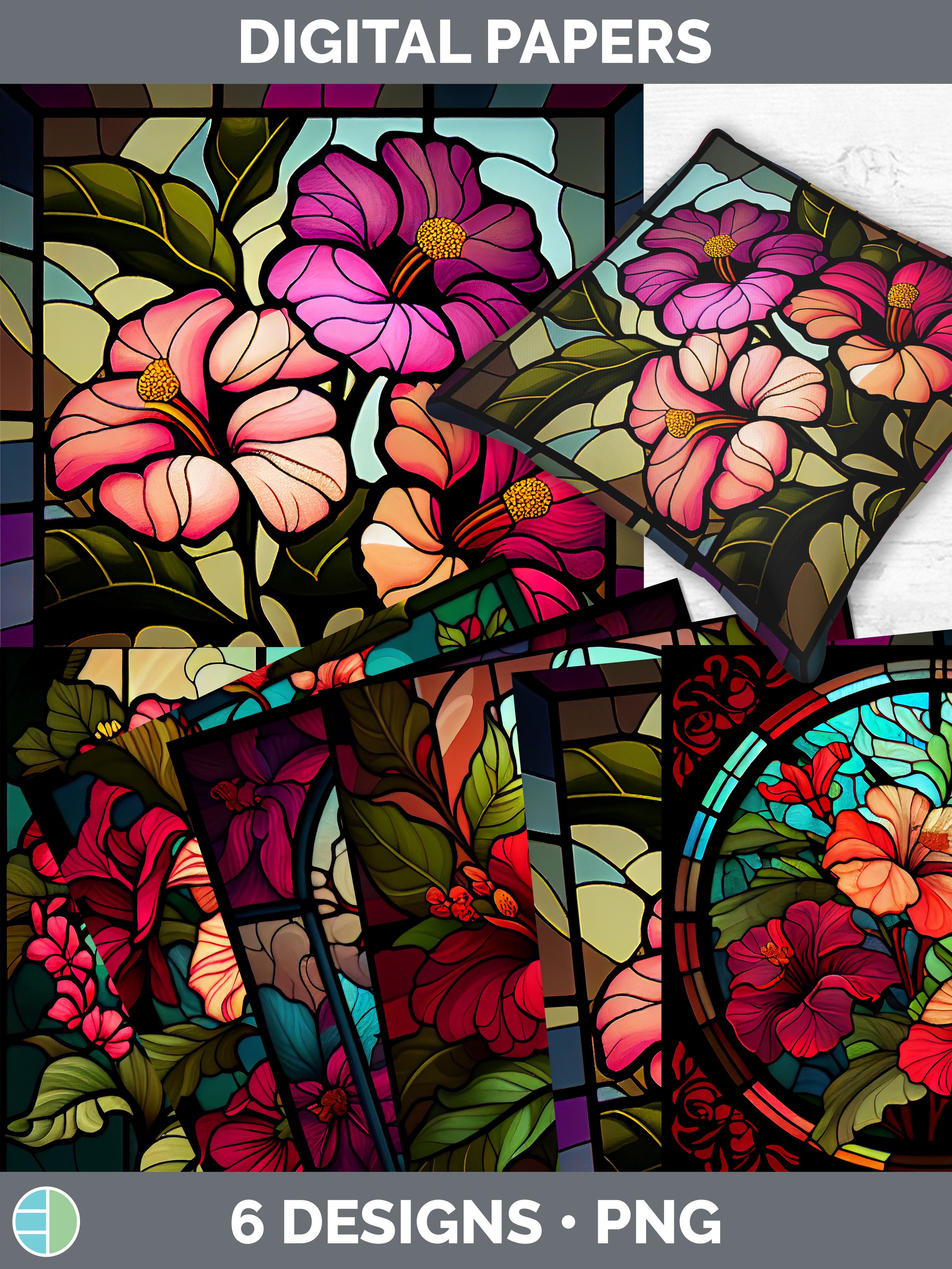 Stained Glass Hibiscus Flowers Paper Backgrounds | Digital S