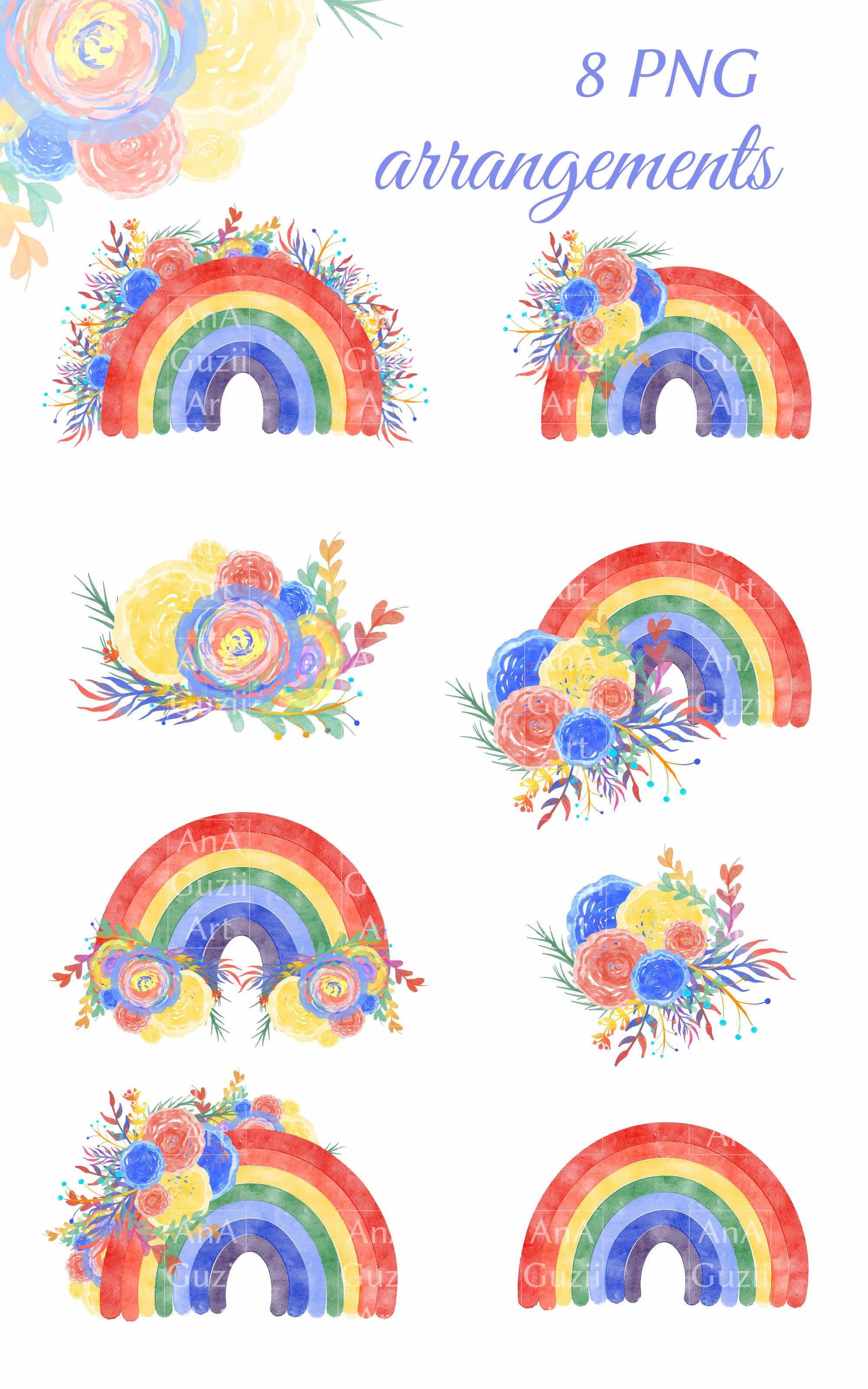 Rainbow and floral Clipart, watercolor clip art.