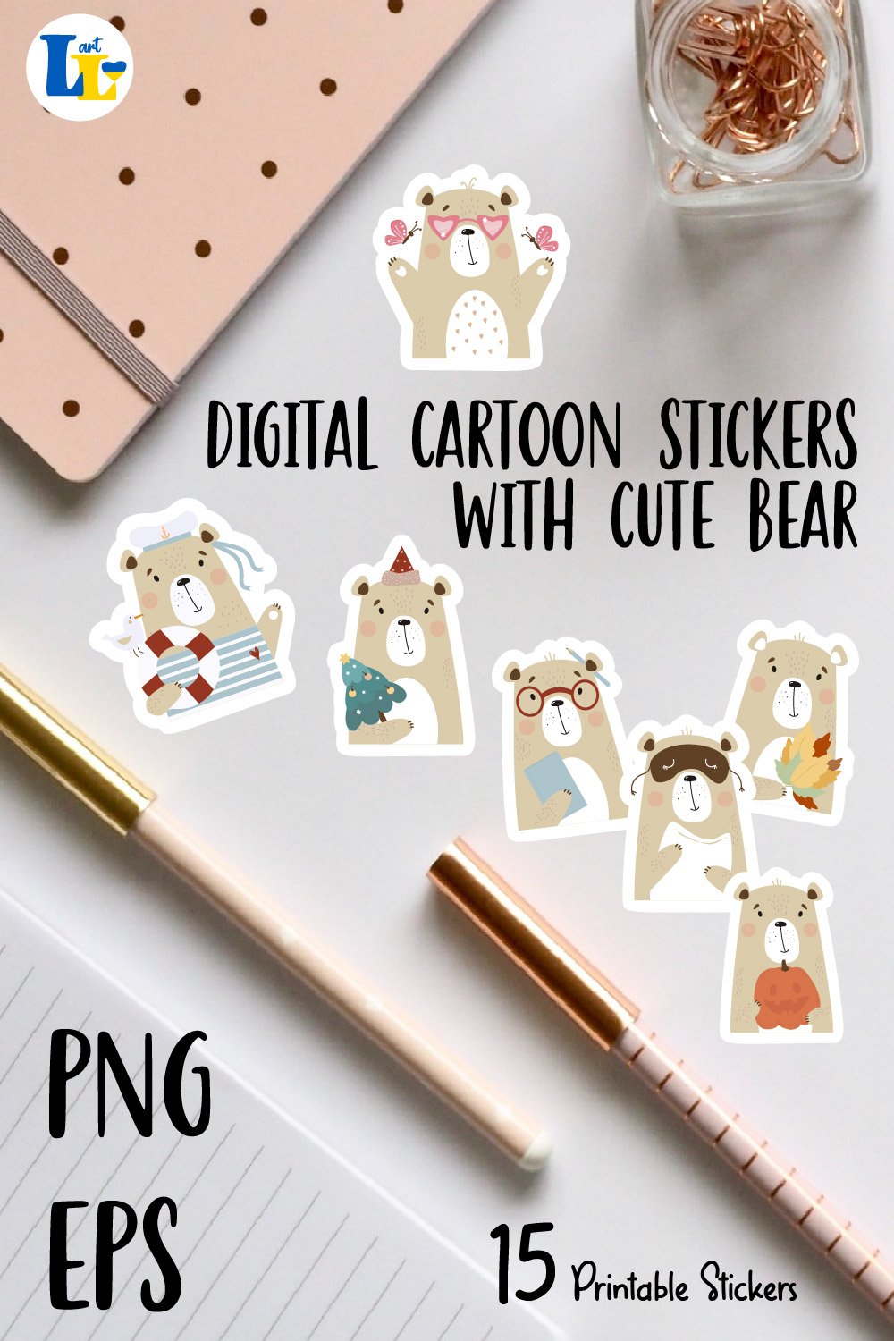 Cute bear digital stickers bundle | Printable stickers