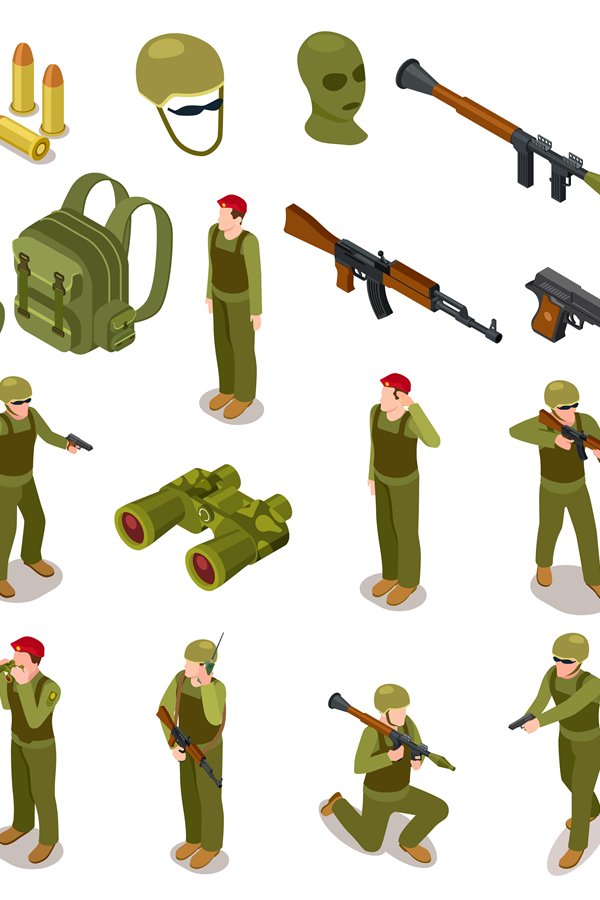 Isometric soldiers. Military special forces, warriors in arm