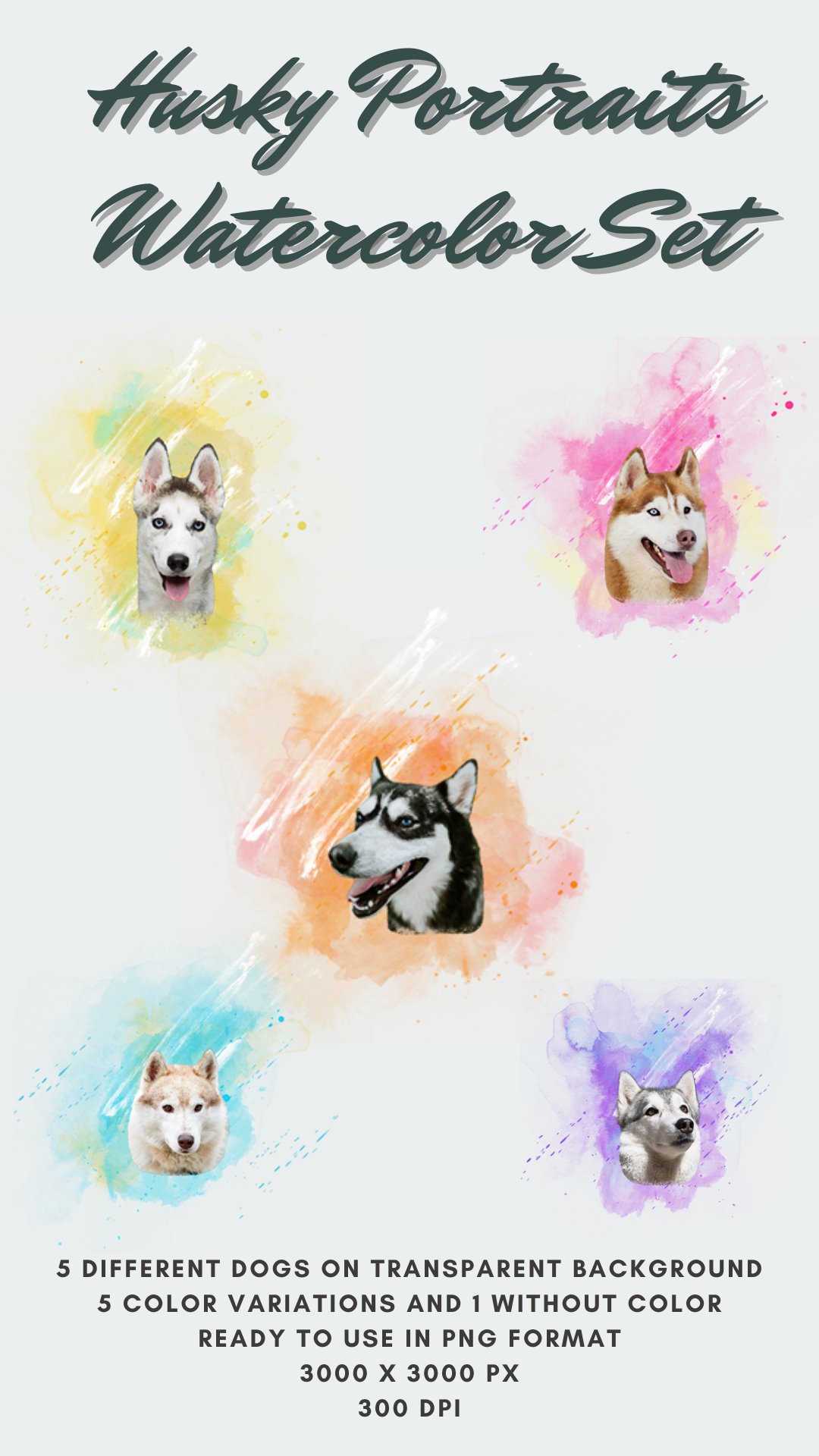 30 Husky Portraits Watercolor Set | Dog Breeds | Artclip