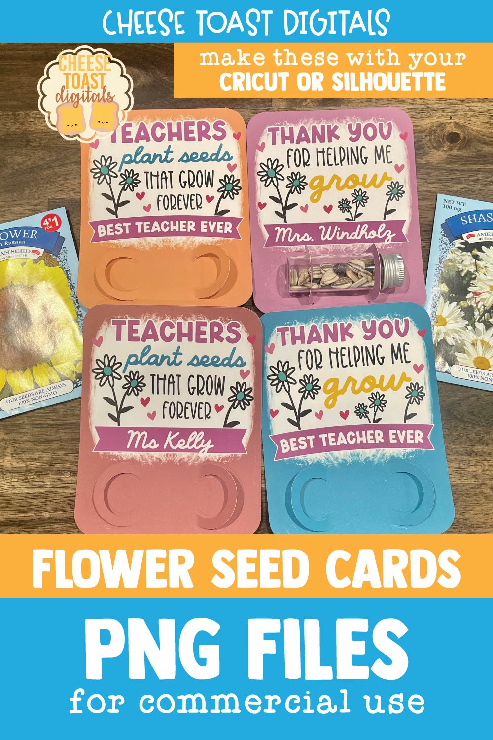 Teacher Appreciation Flower Seed Card PNG Bundle | 4 Designs