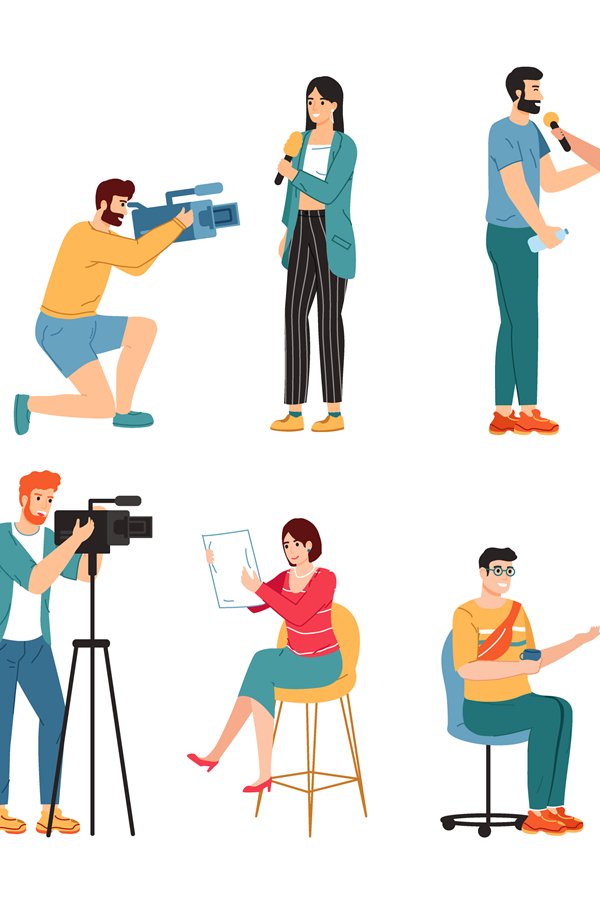 Journalist characters. Reporters, news presenter and video