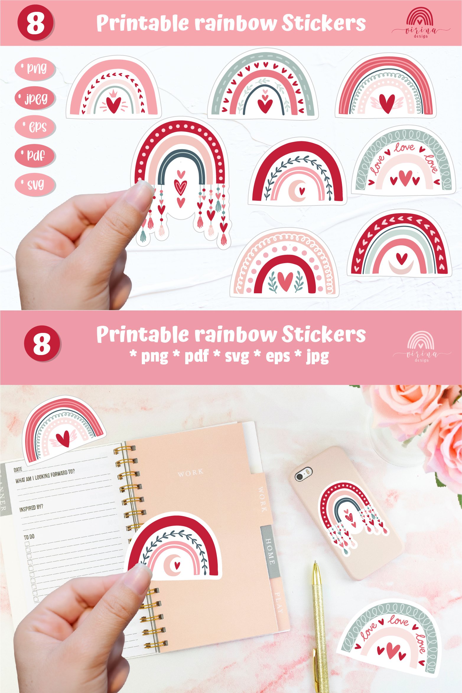 Rainbow Sticker printable bundle png. 8 PNG designs