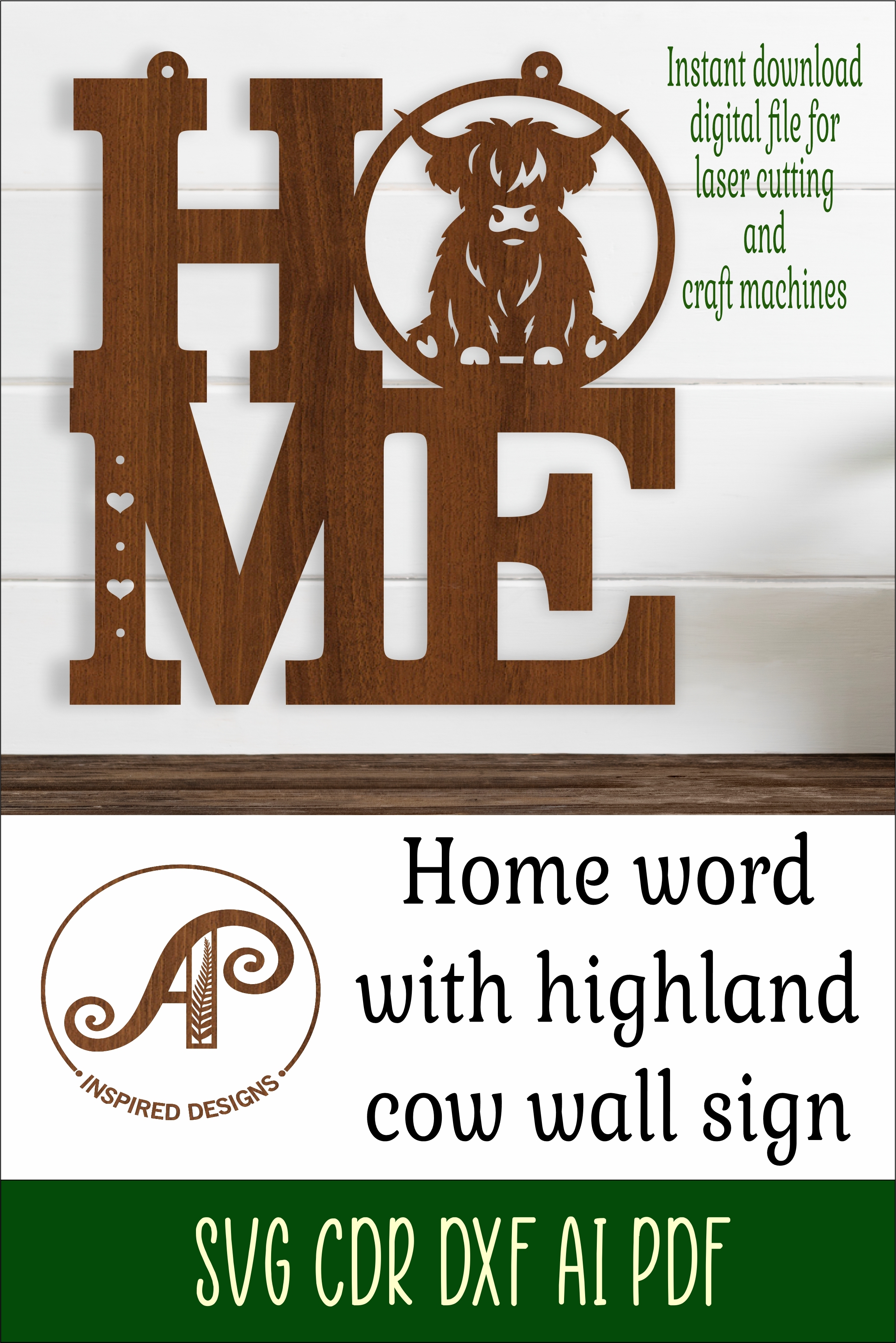Home word with highland cow wall art sign, SVG file.