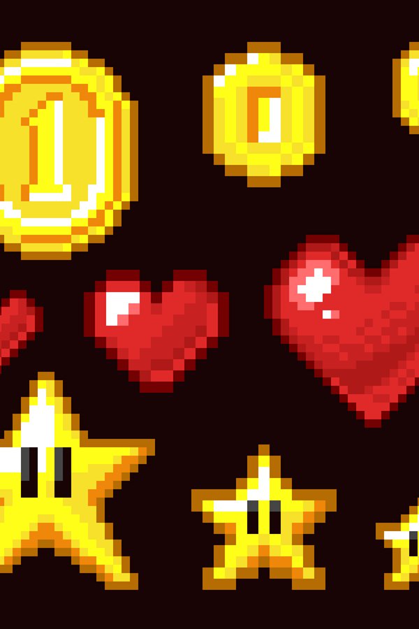 Video game 8 bit assets isolated. Coin, star and heart pixel