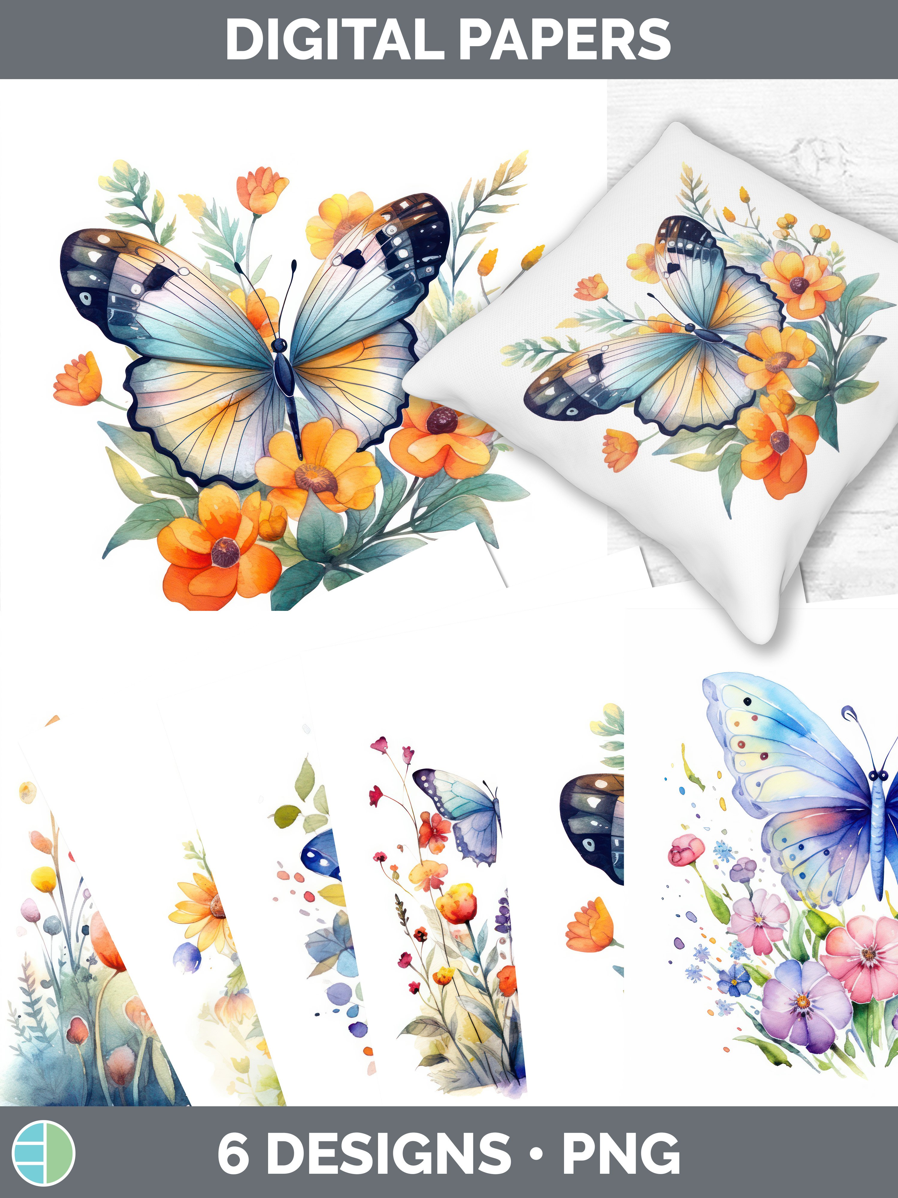 Watercolor Floral Butterflies Paper Backgrounds | Digital Sc