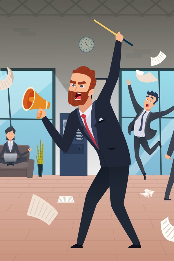 Angry boss. Businessman screaming in office chaos deadline s