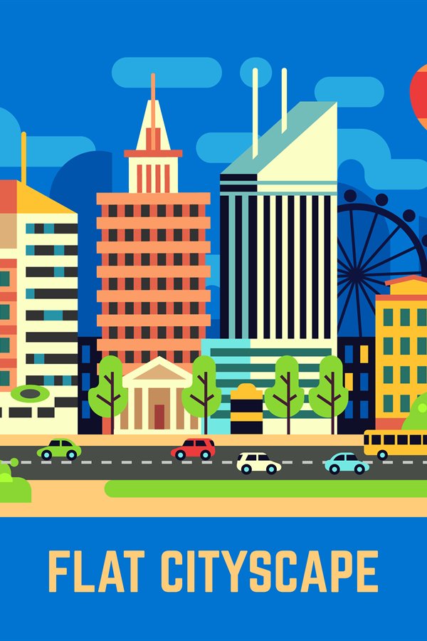 Flat city, urban landscape vector illustration