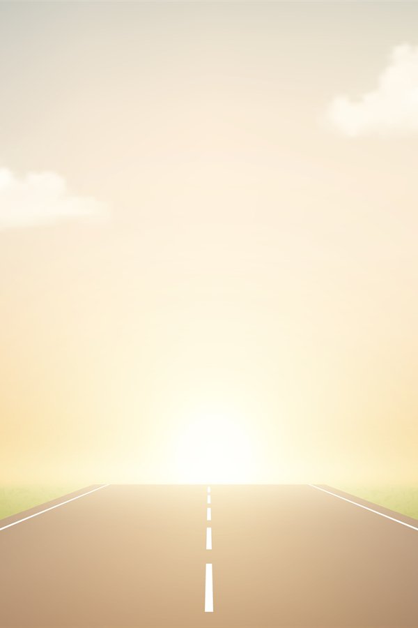 Landscape with road and sunset. Vector runway, clouds and su