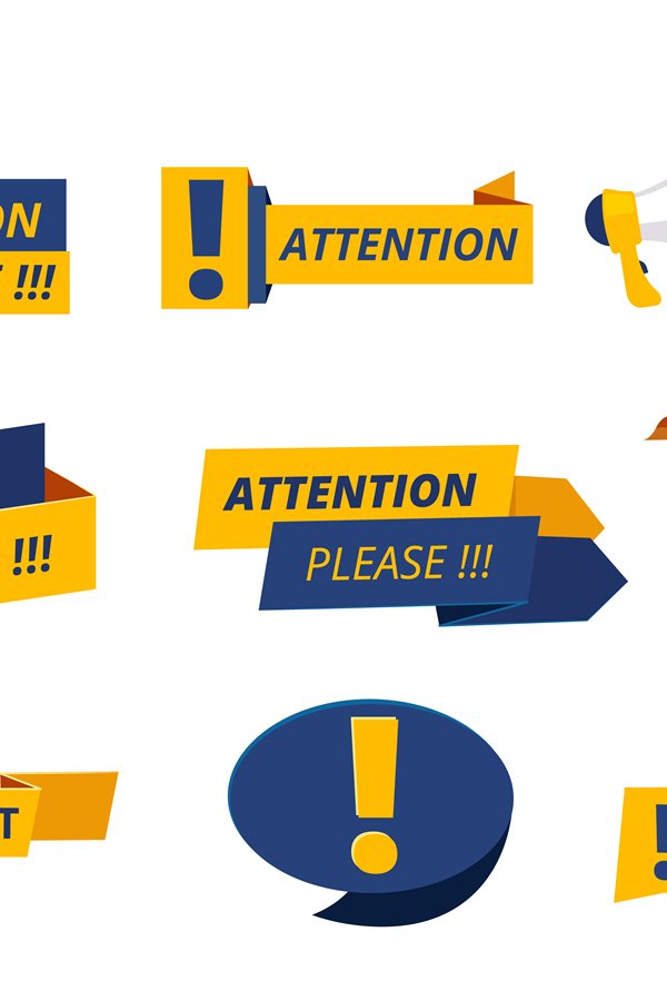 Attention badges. Important messages notice banners caution