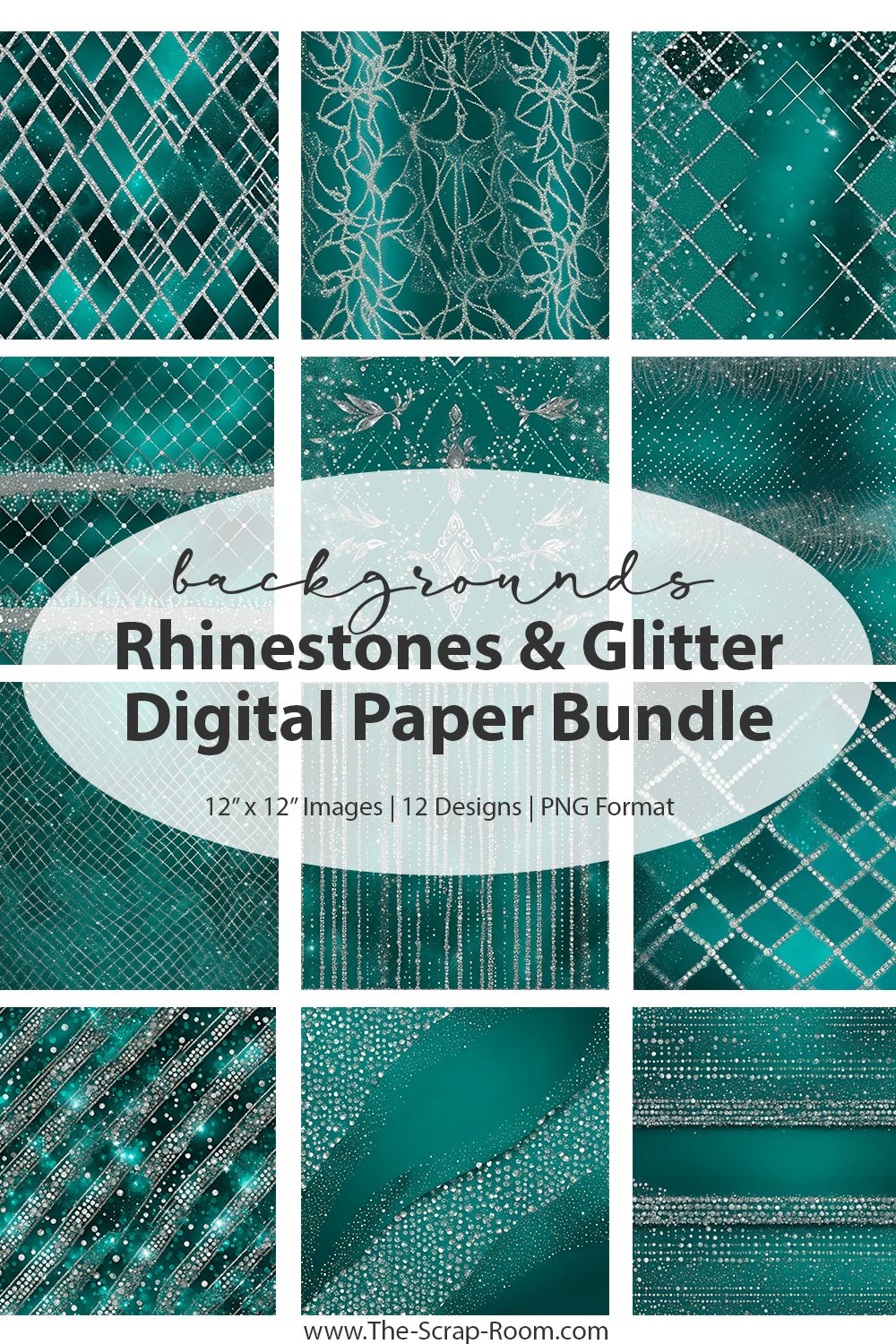 Rhinestones & Glitter Digital Paper Pack, Printable teal