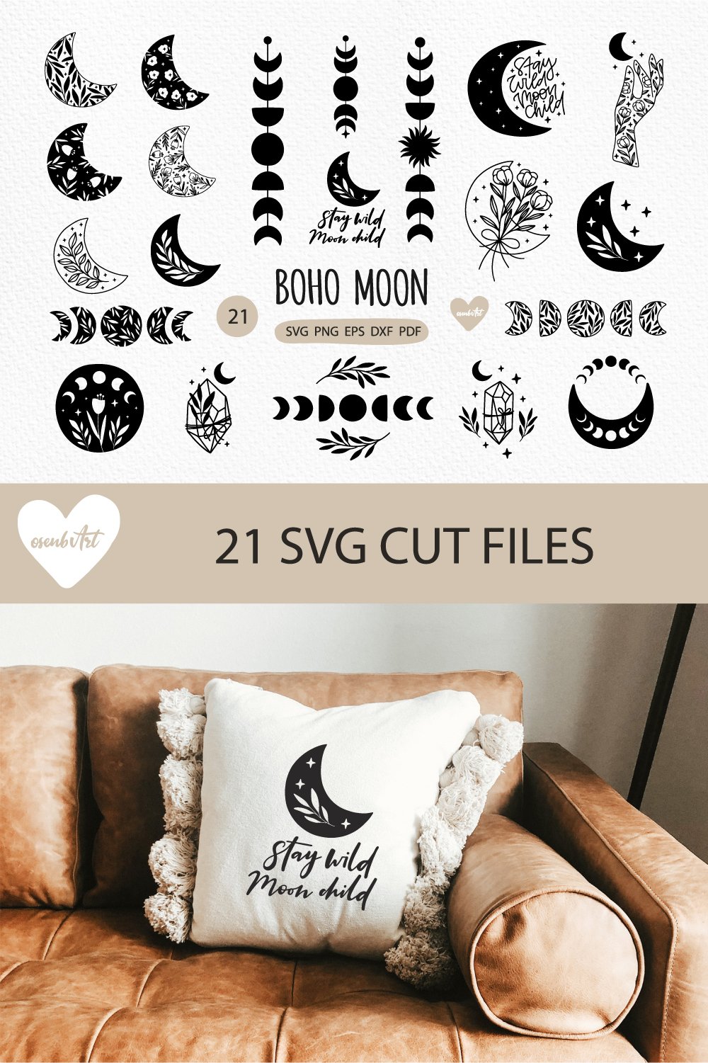 Boho Moon SVG Bundle, Celestial Cut Files - 21 (1867952)