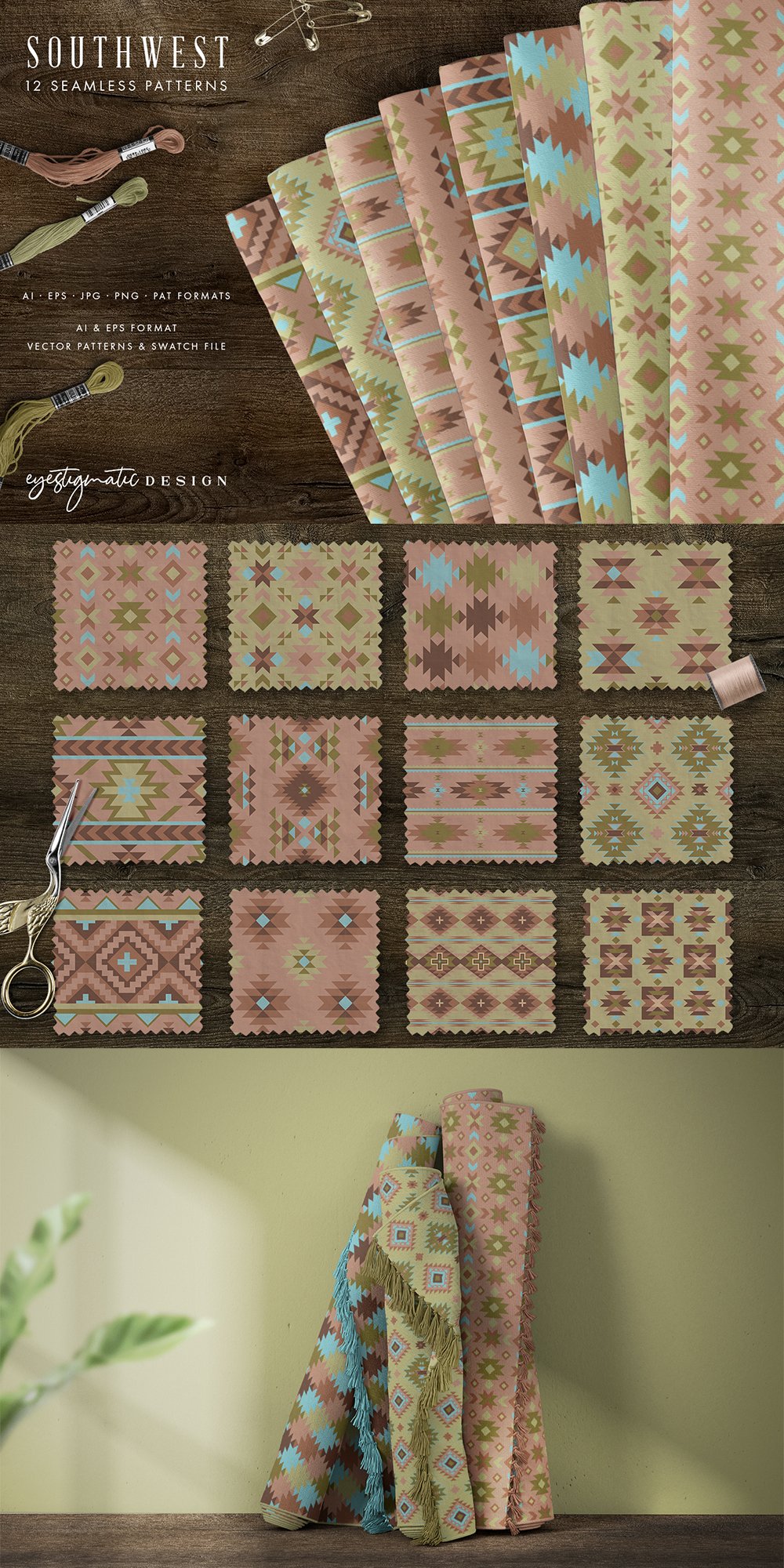 12 Seamless Southwest Patterns - Turquoise, Green & Brown