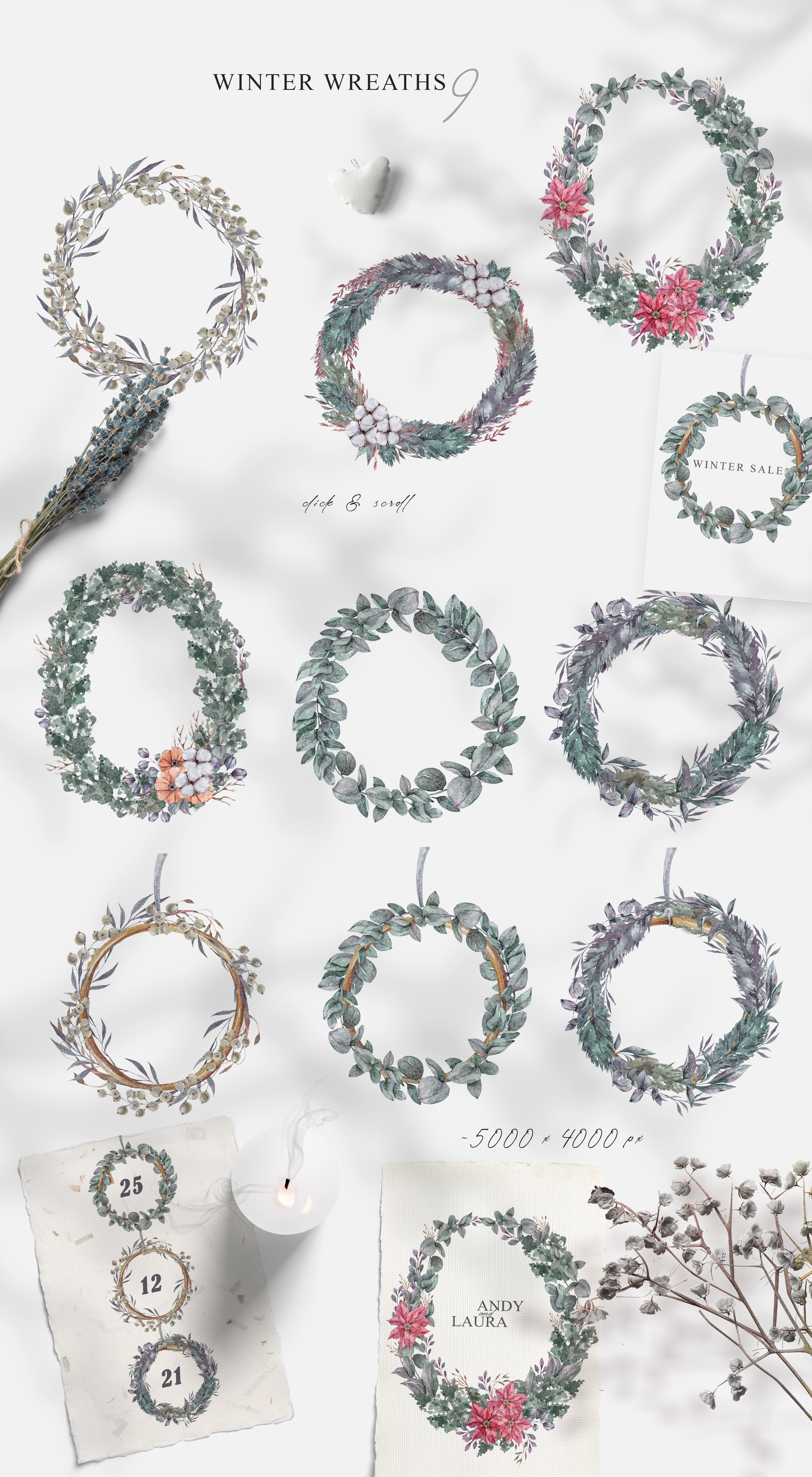 Watercolor Christmas wreath clipart set. Winter bouquets set