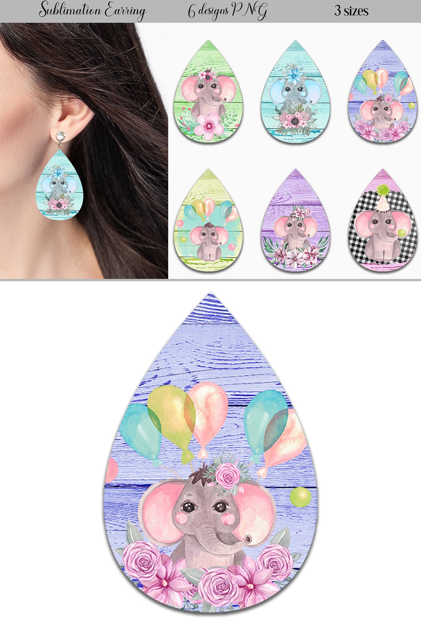 Elephant Teardrop Earring | Animal Earring Sublimation PNG