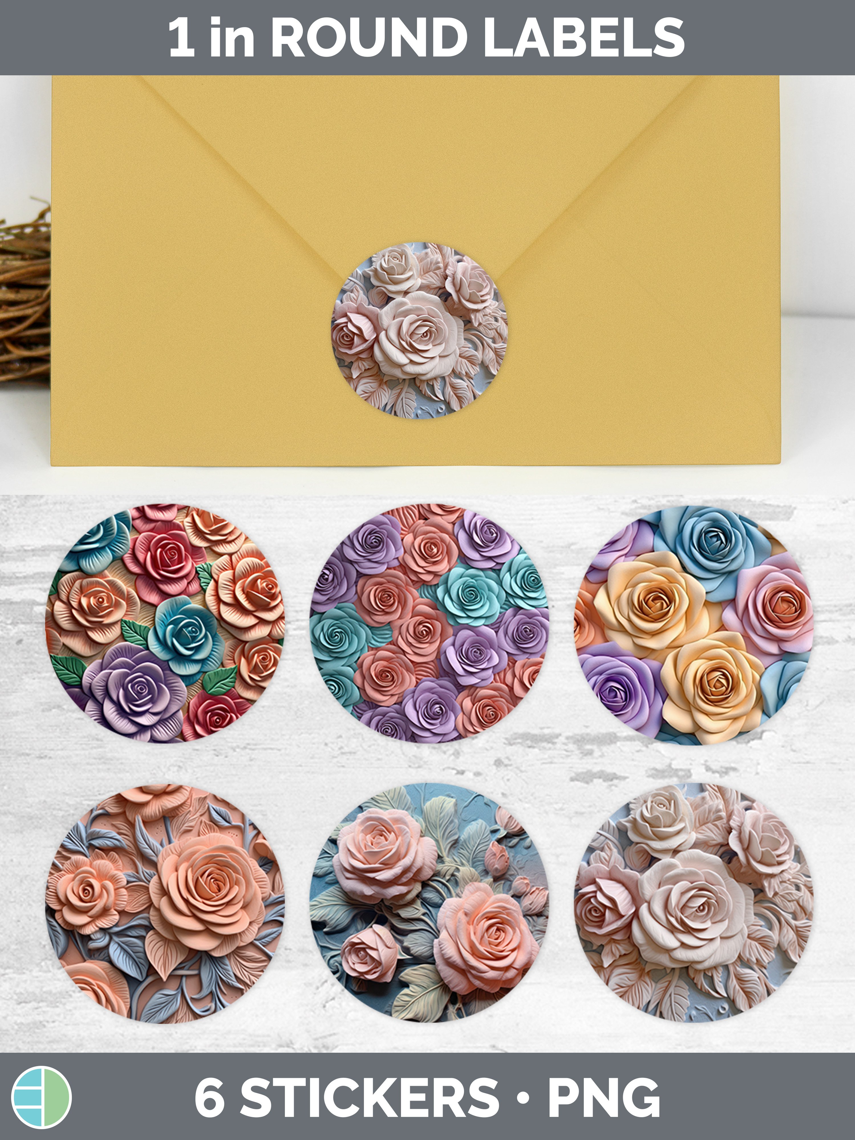 3D Rose Flowers Stickers | Round Labels Designs Bundle