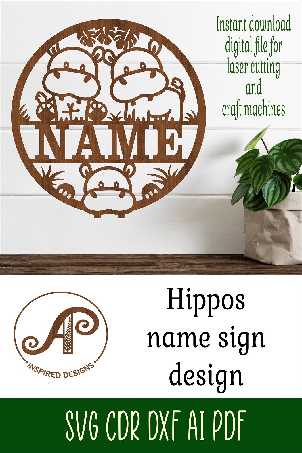 Hippos name sign svg laser cut template