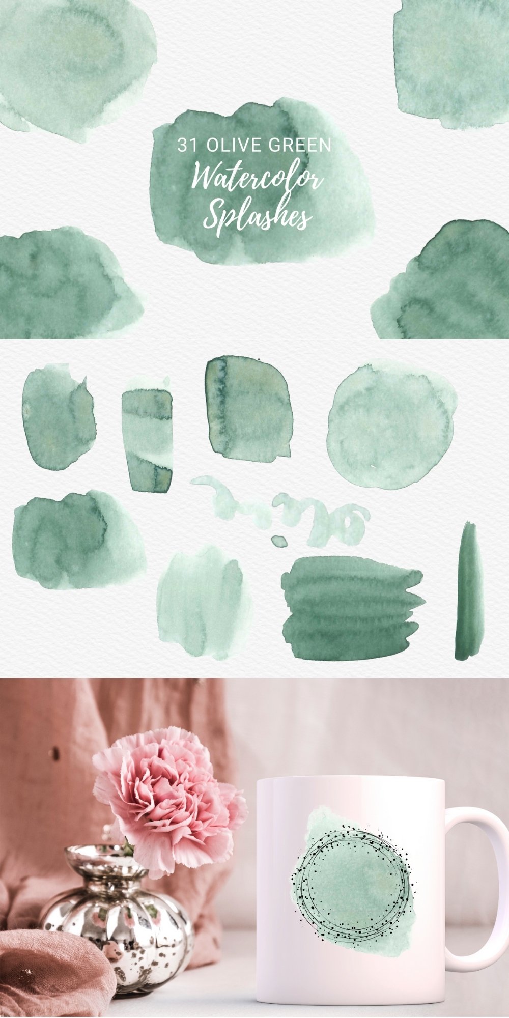 Olive Green Paint Brush Strokes, Watercolor Splotches