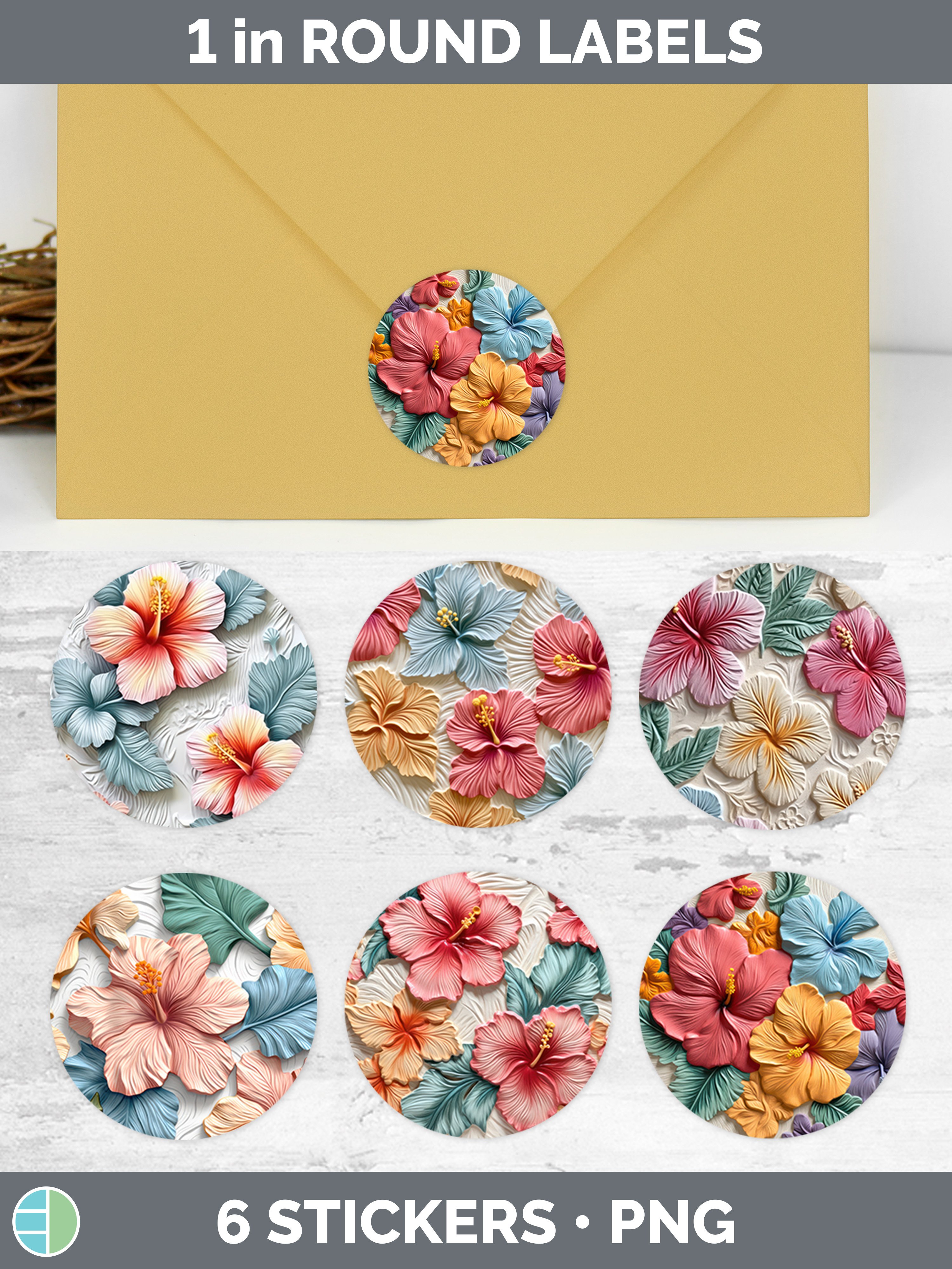 3D Hibiscus Flowers Stickers | Round Labels Designs Bundle