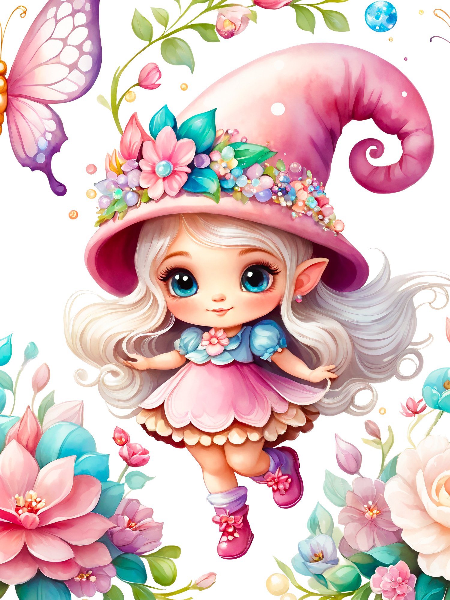 Cute Garden Gnome Girl in Flowers Clipart PNG