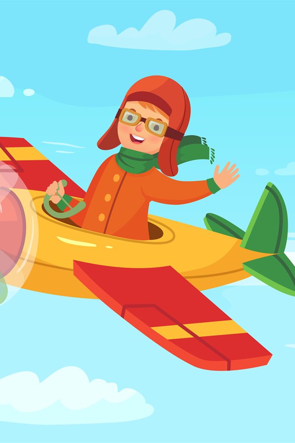 Cartoon kid pilot. Children aviator flying in airplane, litt