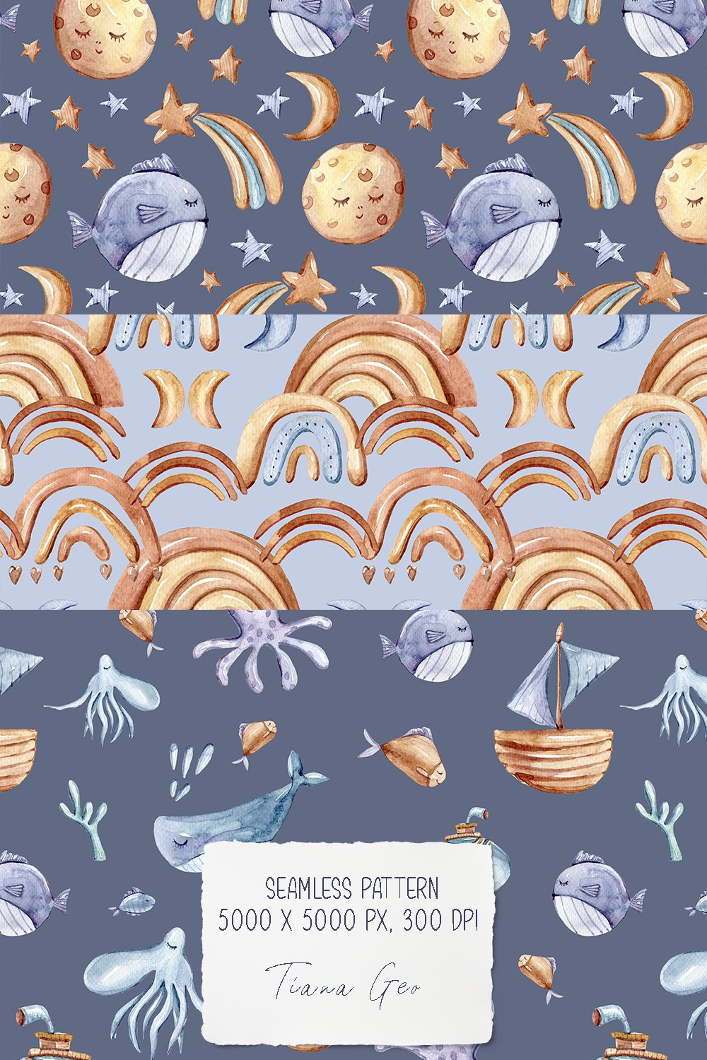 Watercolor ocean kids seamless patterns. Digital paper pack