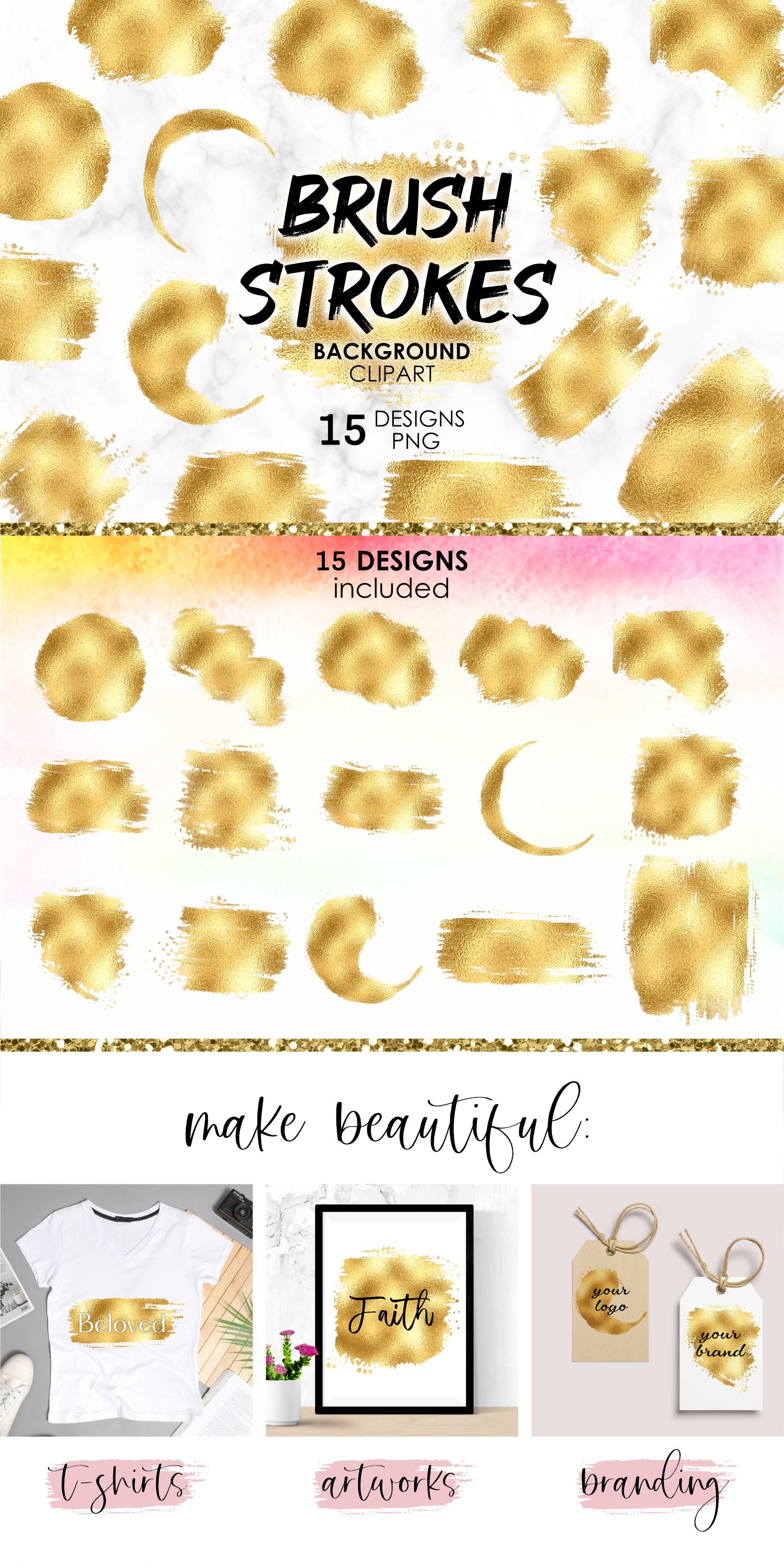 Gold Foil Brush Stroke Png Sublimation Background Bundle
