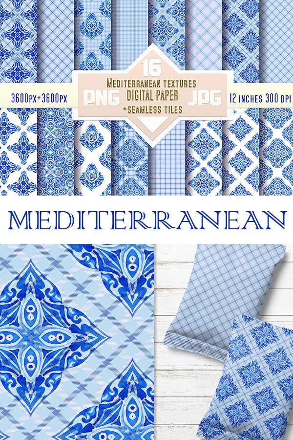Mediterranean tiles inspired watercolor digital paper