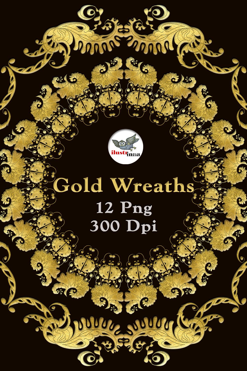 12 Golden Rococo Floral Wreaths and Frames Clipart