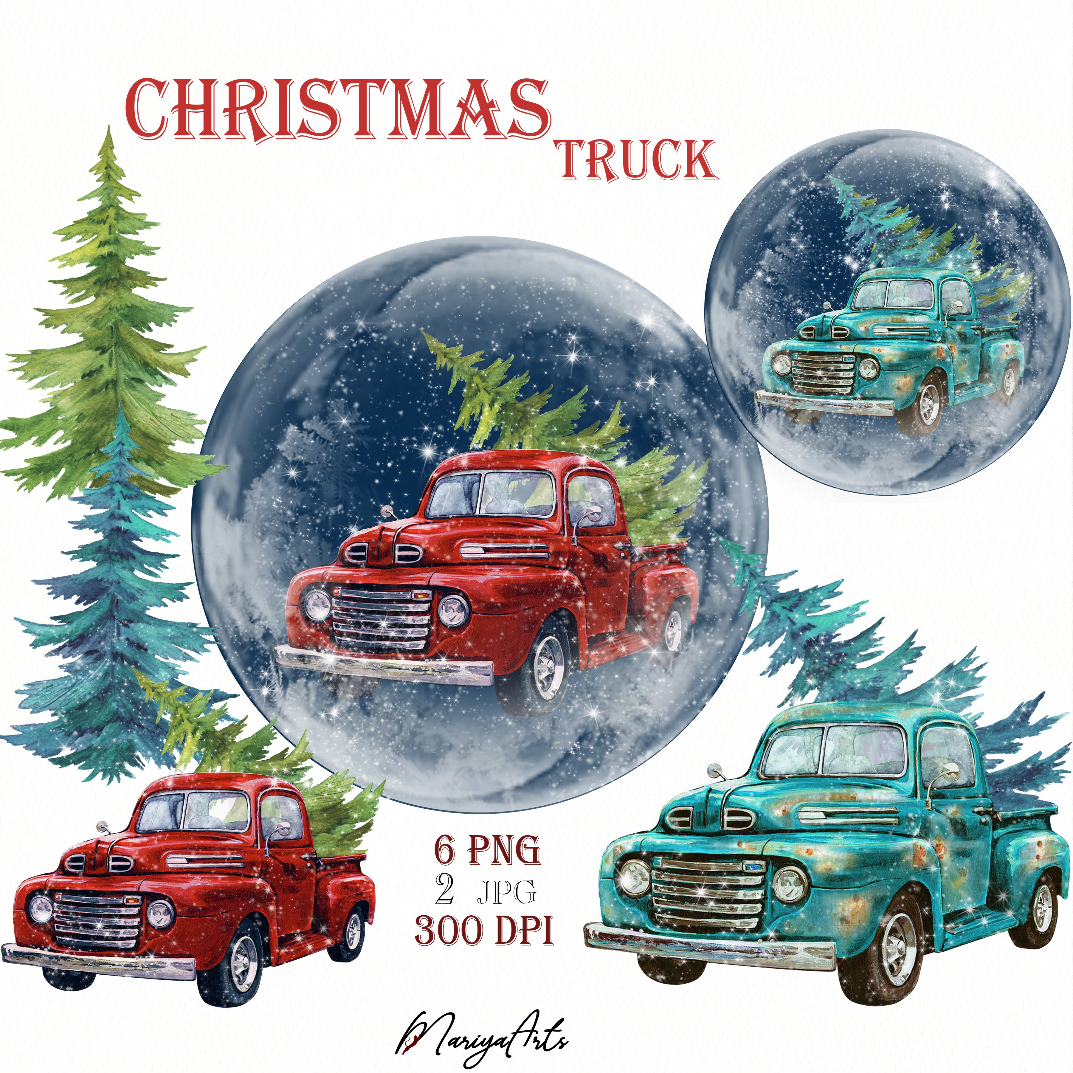 Red Vintage Christmas Trucks in Globe Christmas Tree Clipart (734419 ...