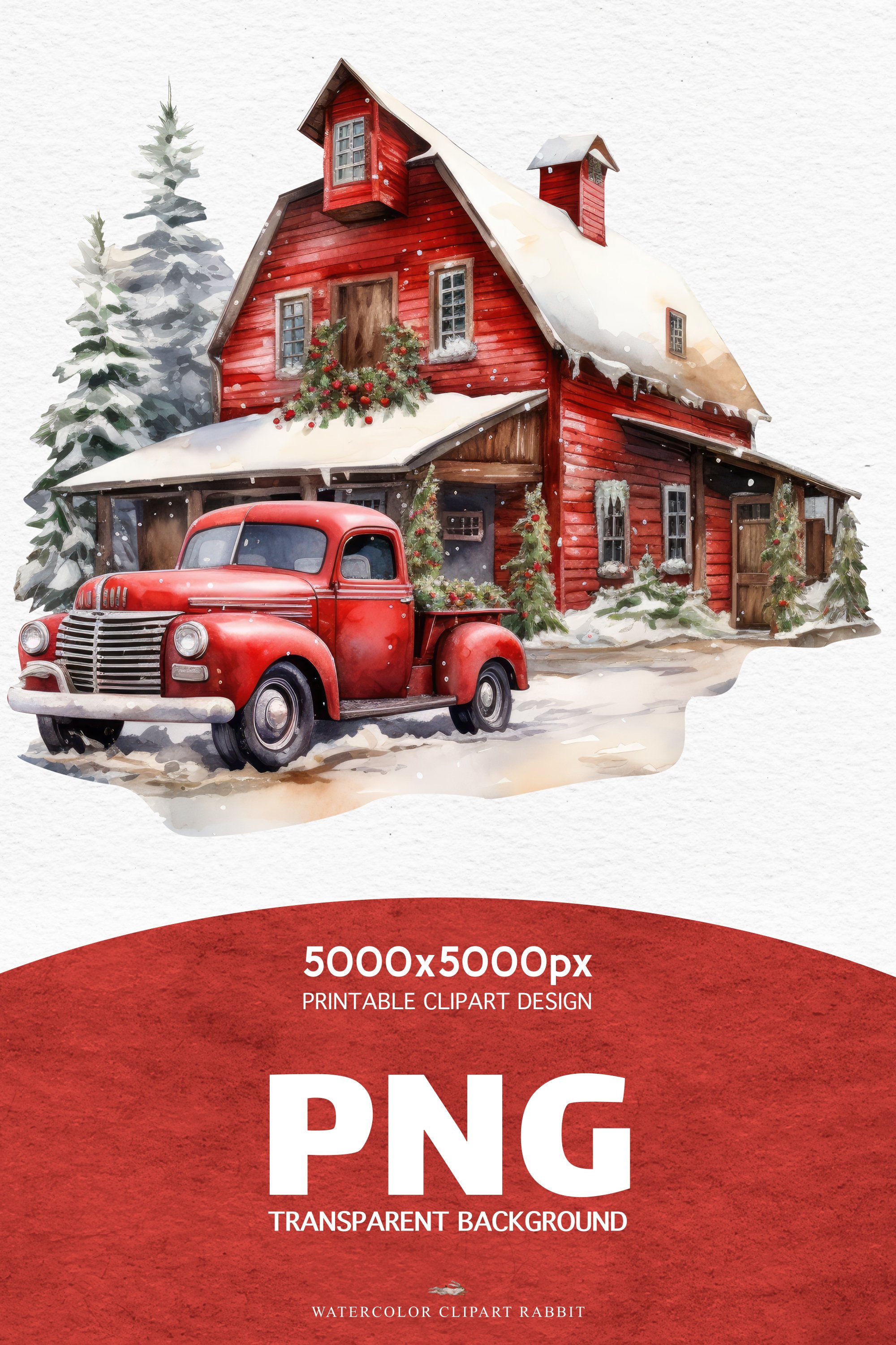 Red Christmas Truck Santa Winter Farm Barn Clipart PNG Files