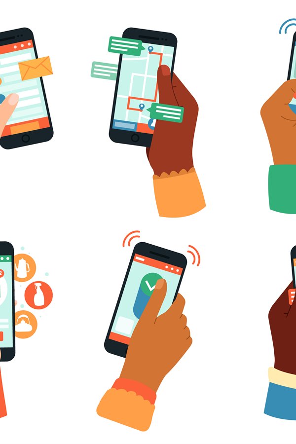 Hands holding smartphones. Social networking, mobile app, or