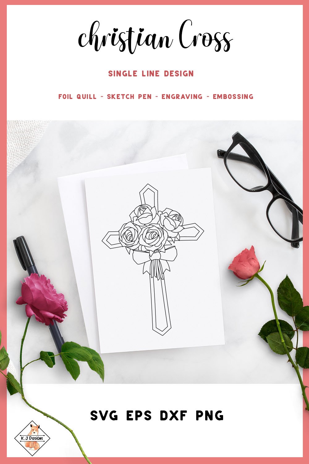 Christian Cross SVG Single Line Design | Foil Quill Roses
