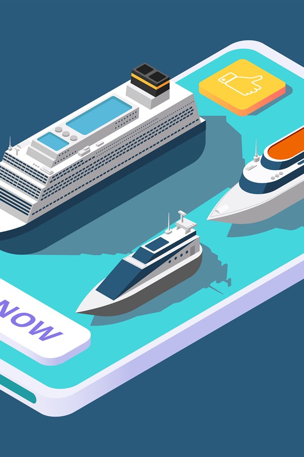 Mobile app for booking cruise with ship or yacht, isometric