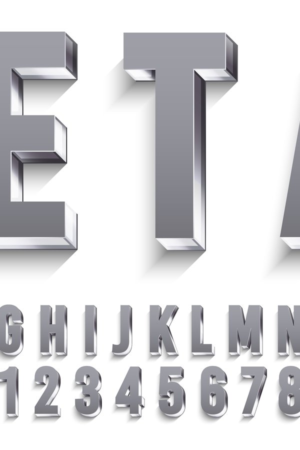 Realistic metal shiny metallic letters with shadows