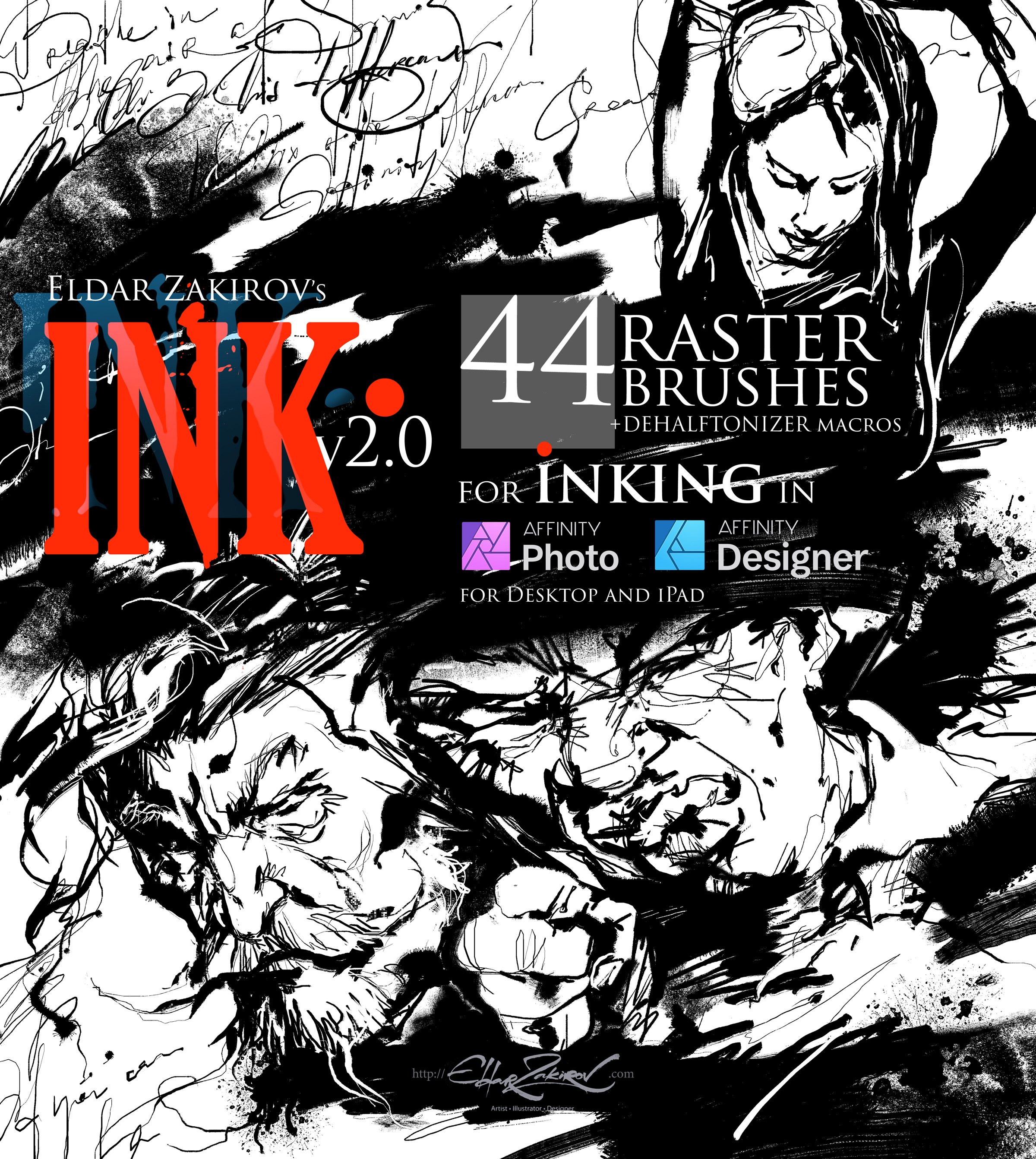 INK. 4 Affinity Photo & Designer: 44 Brushes & Dehalftonizer