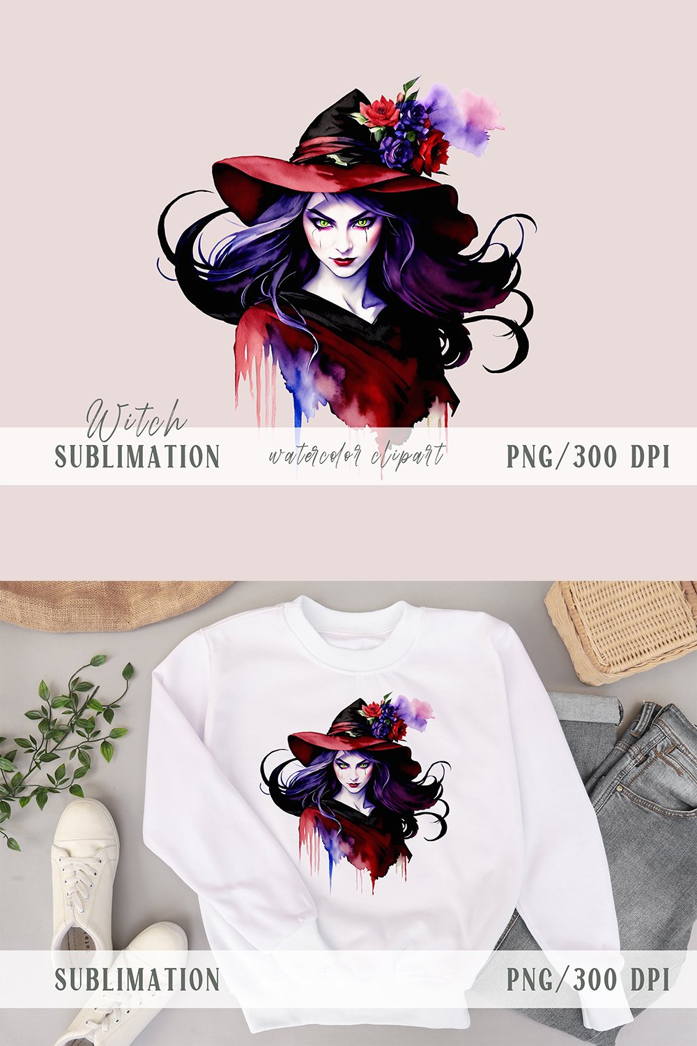 Watercolor cute witch Halloween fall sublimation- 1 png file