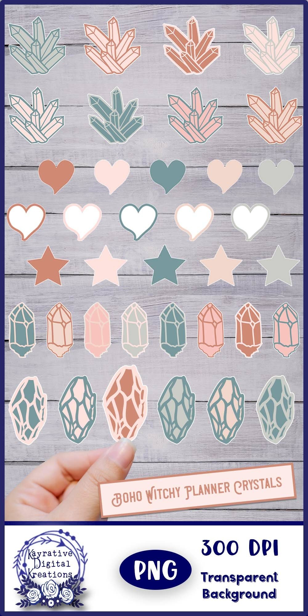 Boho WItchy Crytals, Stars and Hearts Planner Stickers