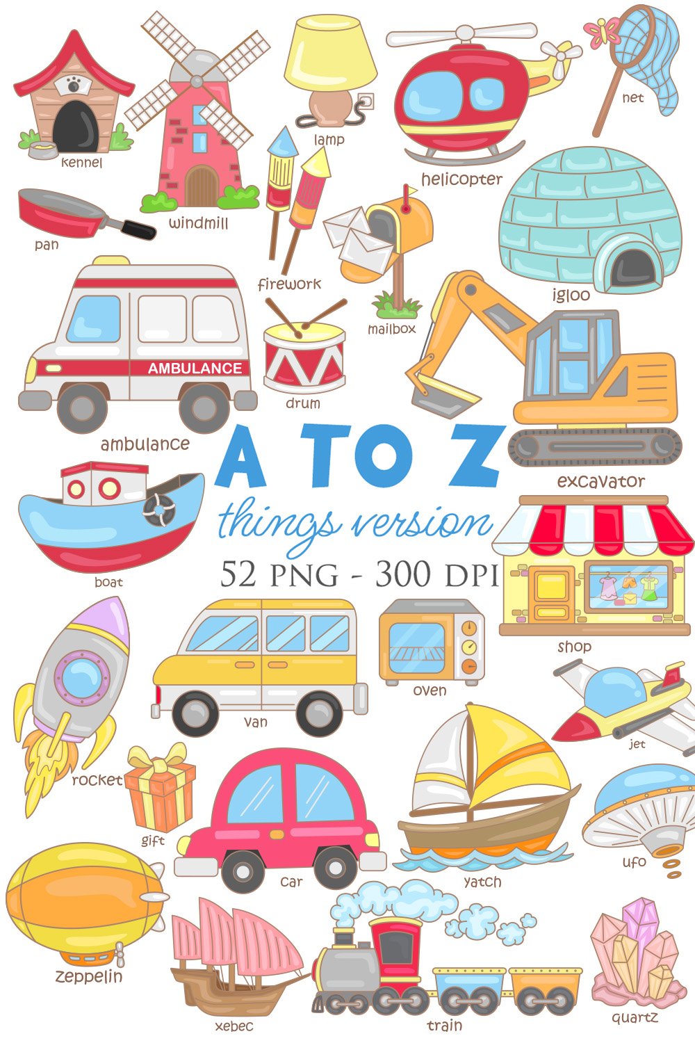 Alphabet A to Z Things Vocabulary Object Cartoon Clipart