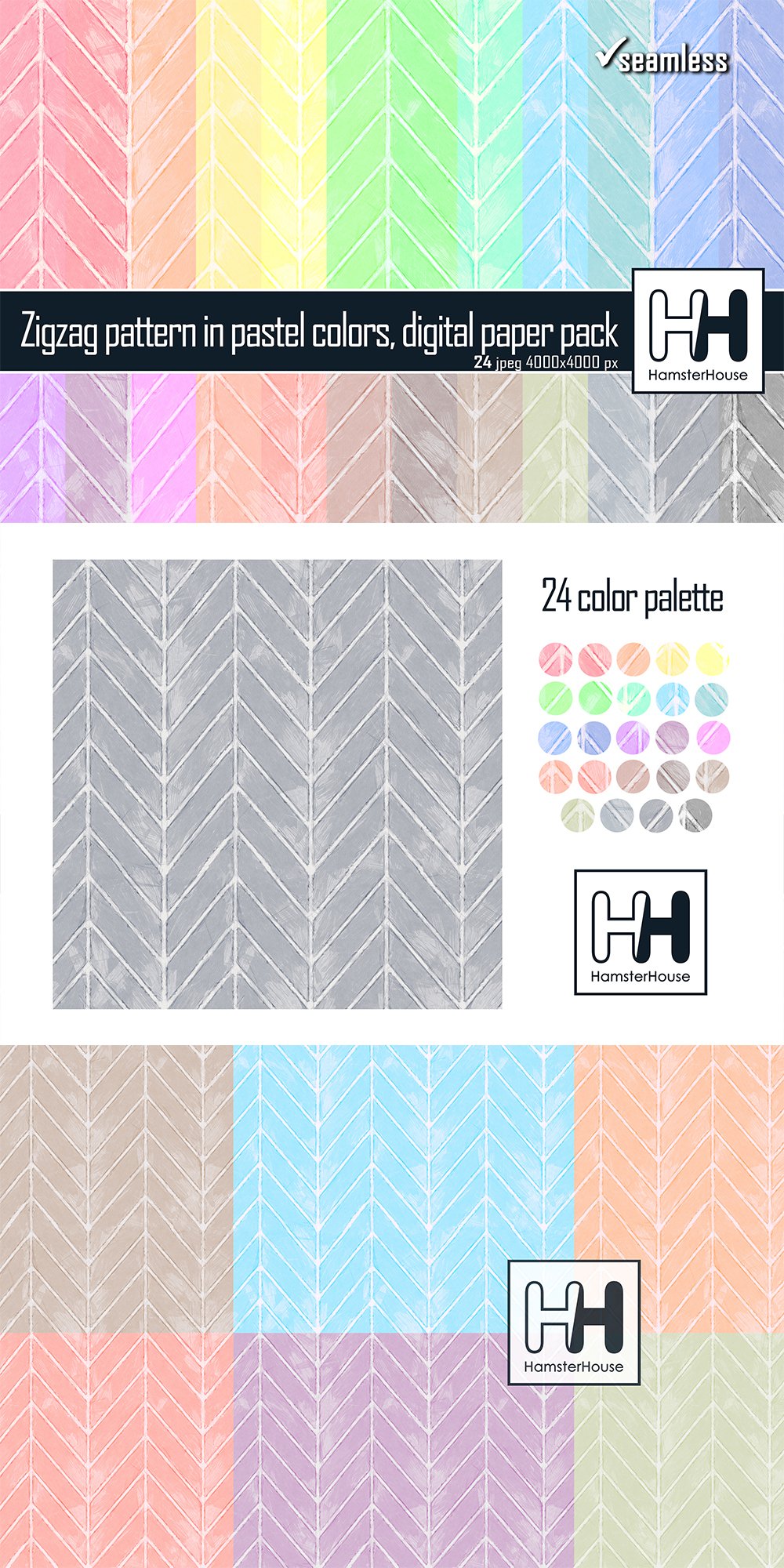 Zigzag pattern in pastel colors, digital seamless paper pack