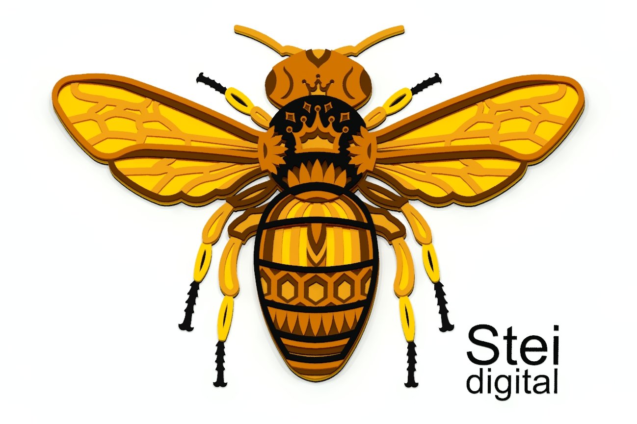 3d Bee mandala SVG, DXF files, layered queen Bee cut files.